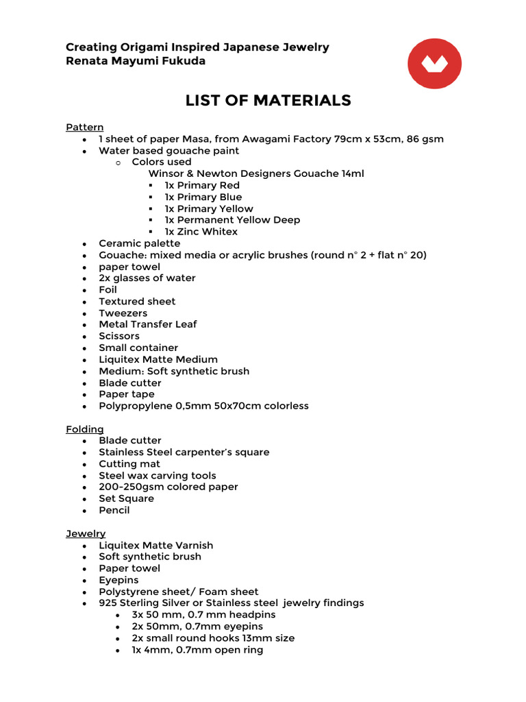 U2_List of materials | PDF