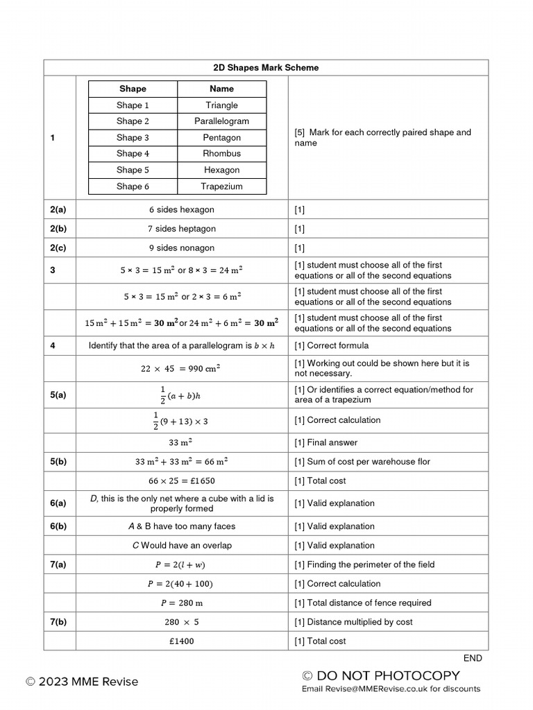 2D Shapes and Quadrilaterals Answers MME | PDF | Area | Euclidean Plane ...