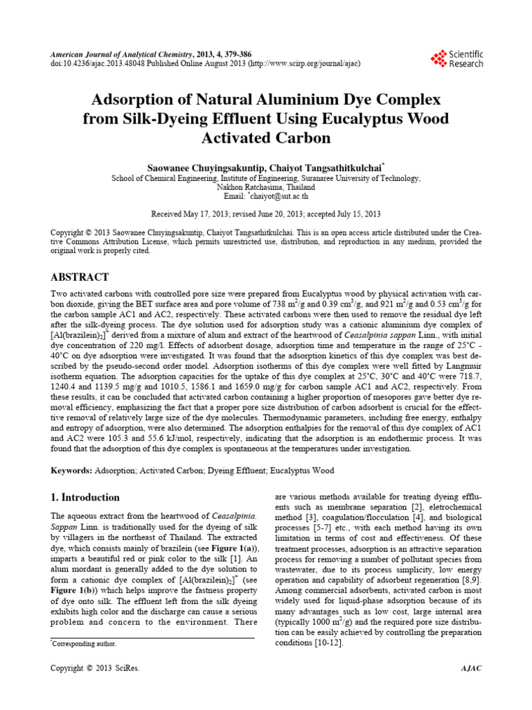 Adsorption of Natural Aluminium Dye Complex from Silk-Dyeing Effluent Using Eucalyptus Wood ...