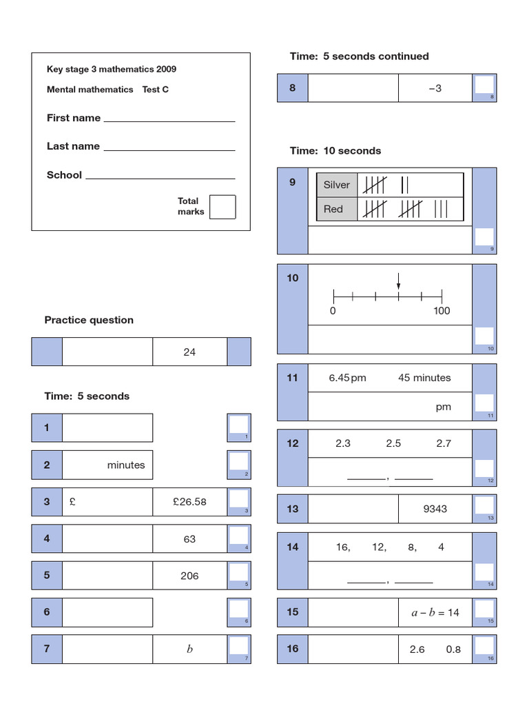 2009 KS3 Mental Maths Answer Booklet Test C | PDF | Geometry ...