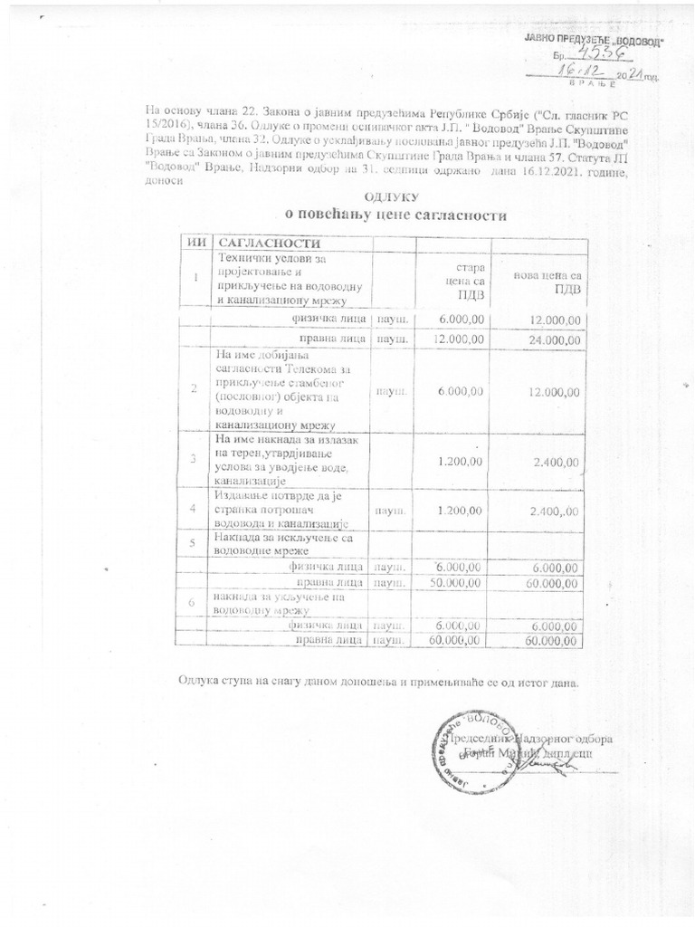 Odluke Za Povecanje Cene i Cenovnik 2024 | PDF