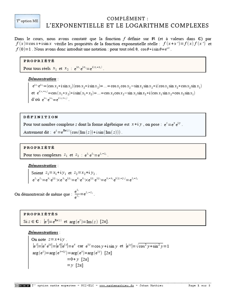 Logarithme et exponentielle complexes | PDF | Fonction exponentielle ...