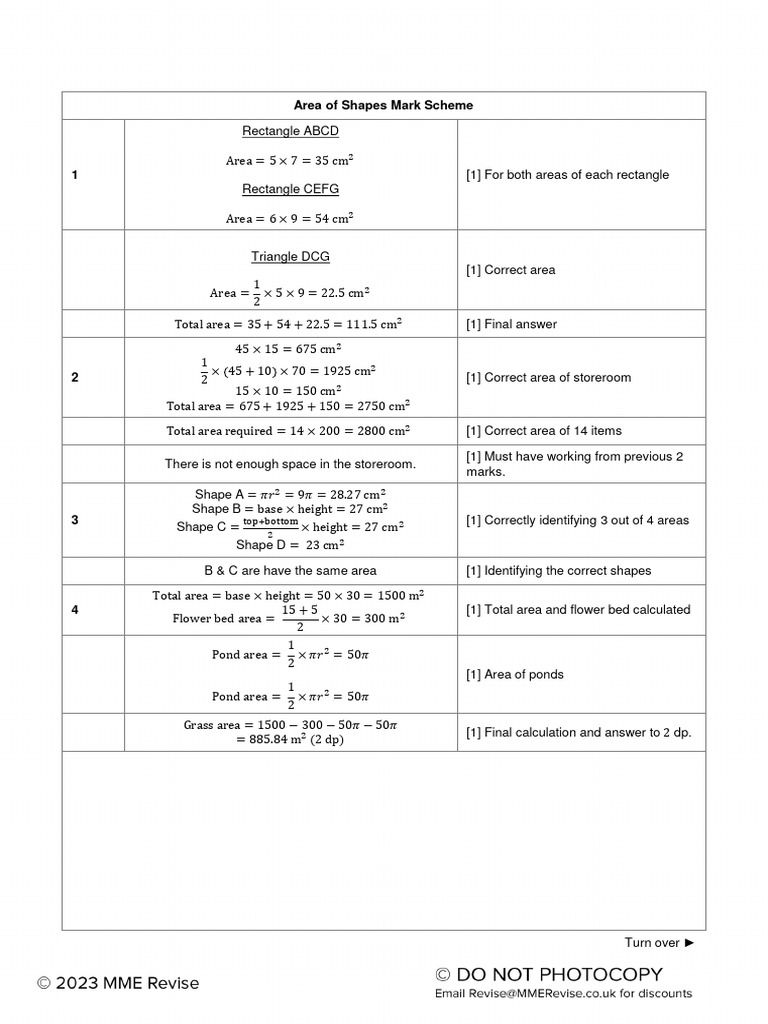 Areas of Shapes Answers MME | PDF | Area | Numbers