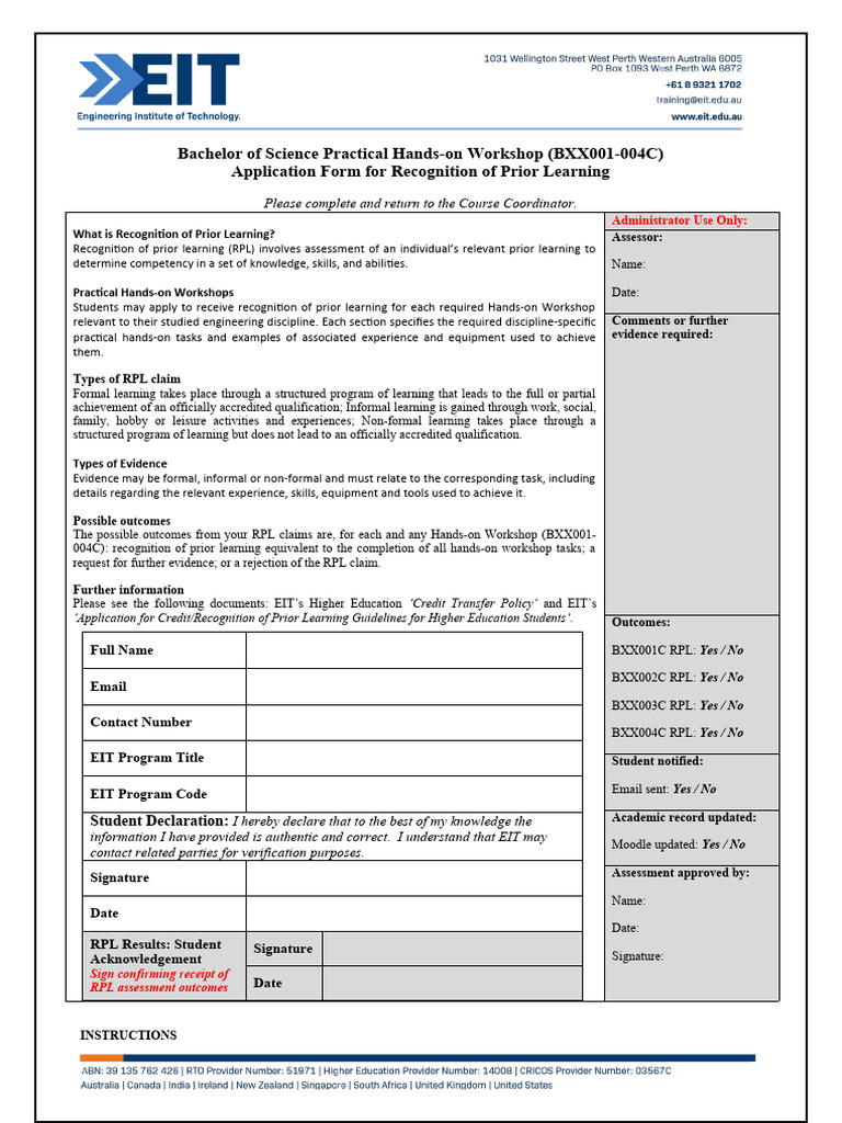 EIT Bachelors Practical Hands-On Workshop RPL Application Form V5 | PDF ...