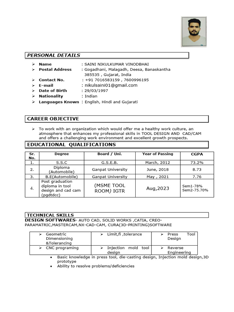 Nikul Saini Resume | PDF | Computer Aided Design | Secondary Sector Of The Economy
