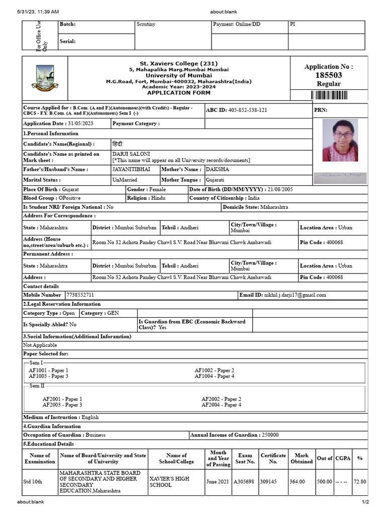 Xaviers college form | PDF