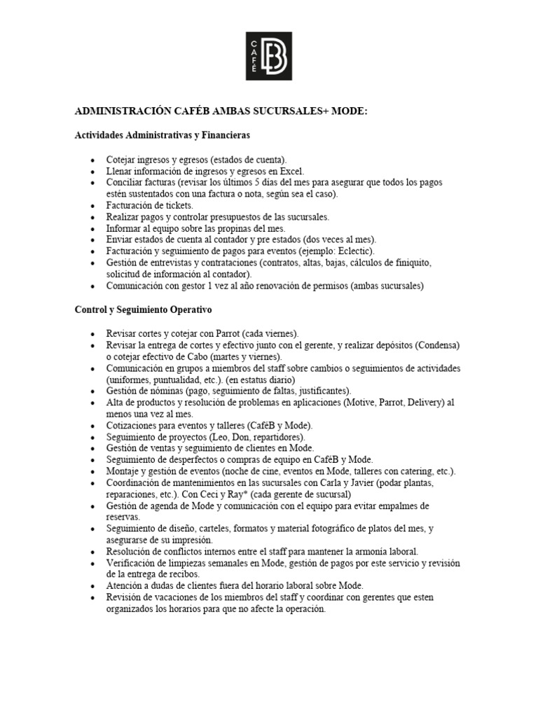 Listado de Funciones Equipo Administrativo Cafeb | PDF