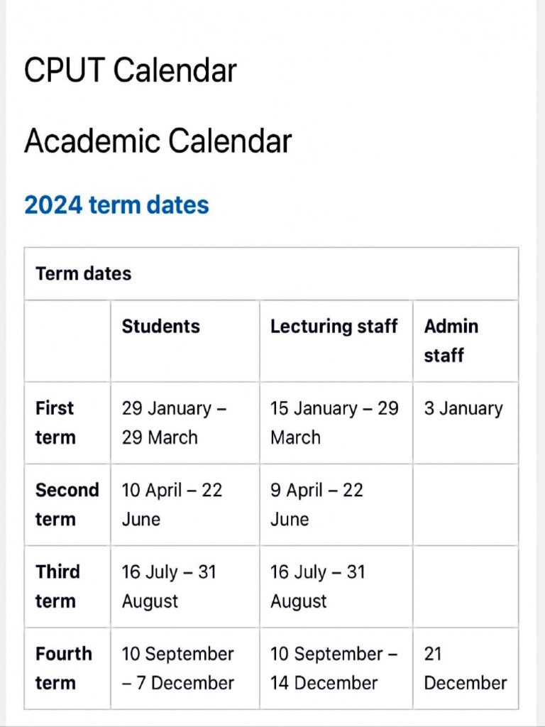 Cput 2024 Schedule | PDF