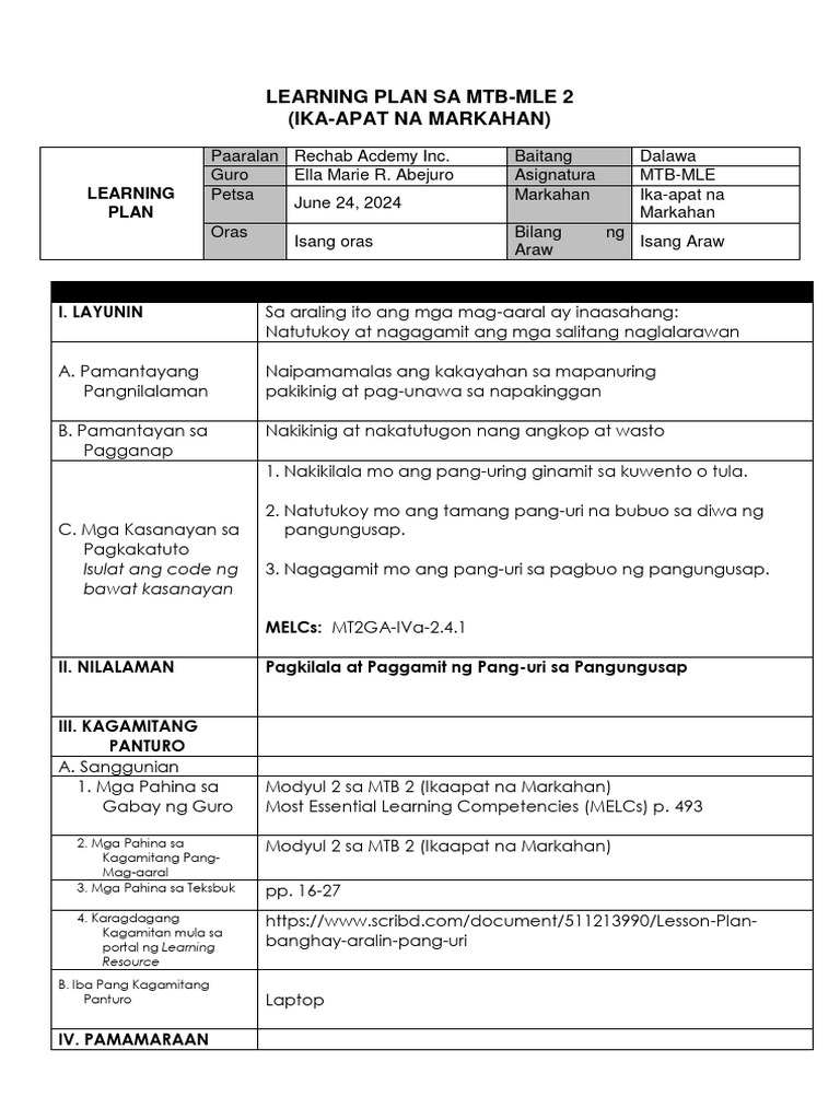 Lesson Plan Mtb 2 Pagkilala at Paggamit Ng Pang Uri | PDF
