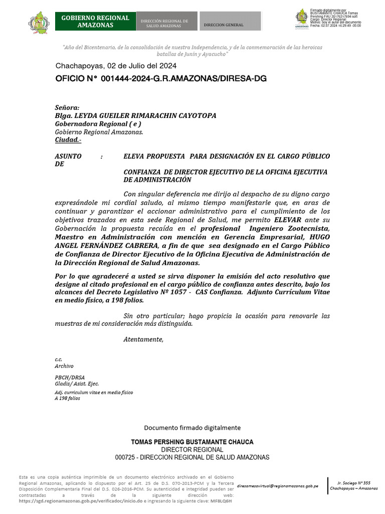 OFICIO #001444-2024-G.R.AMAZONAS/DIRESA-DG: Chachapoyas, 02 de Julio Del 2024 | PDF
