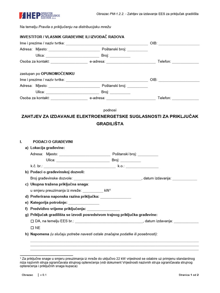 PM-1.2.2.Zahtjev Za Izdavanje EES-prikljucak Gradilista | PDF