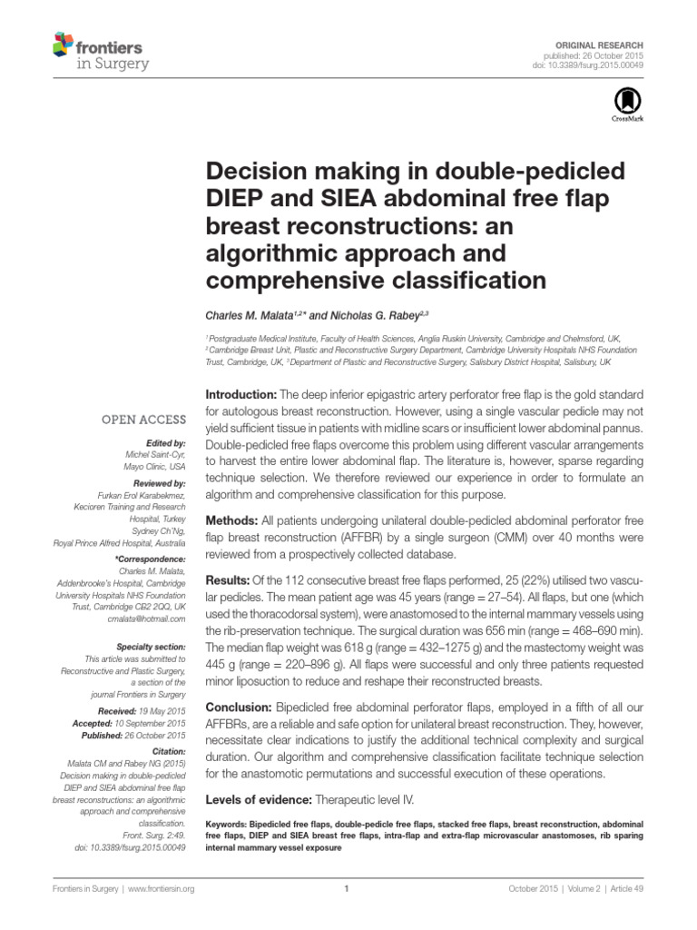 Decision Making In Double Pedicled Diep And Siea Abdominal Free Flap Breast Reconstructions An 