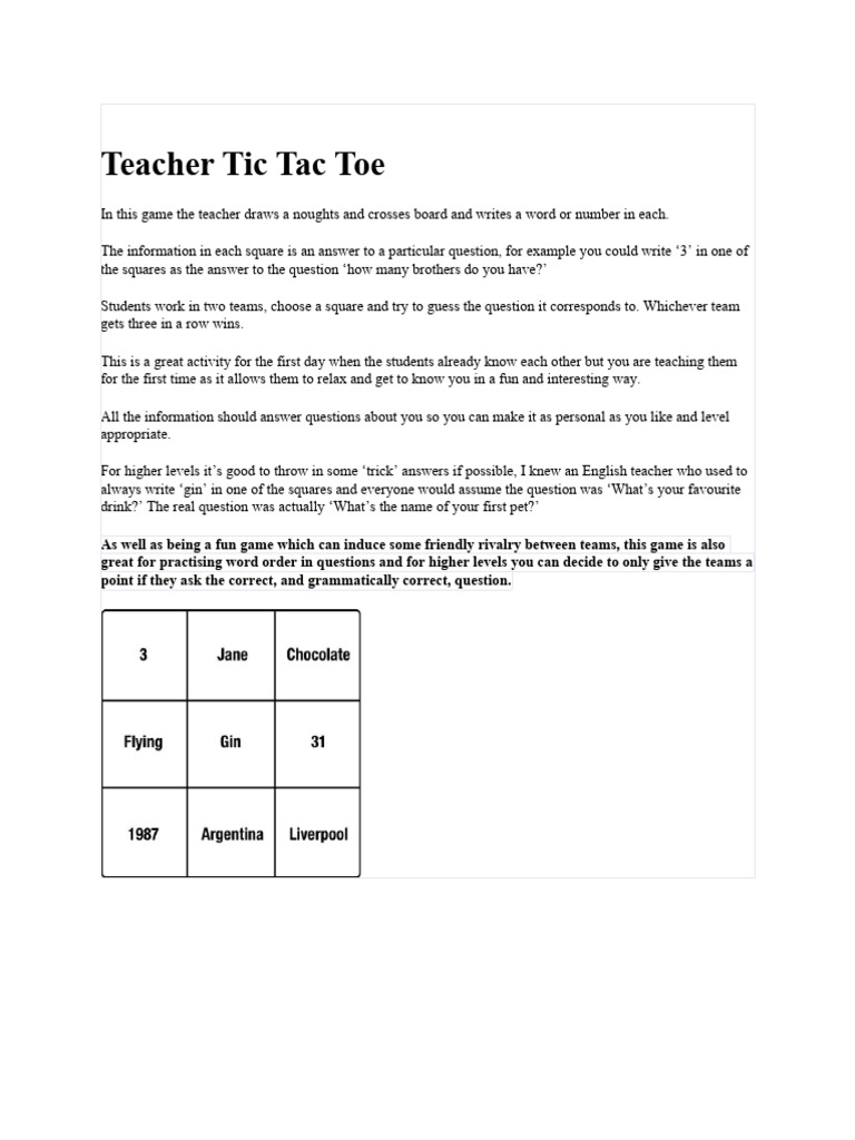 Teacher Tic Tac Toe Game Guide | PDF | Games & Activities | Language ...