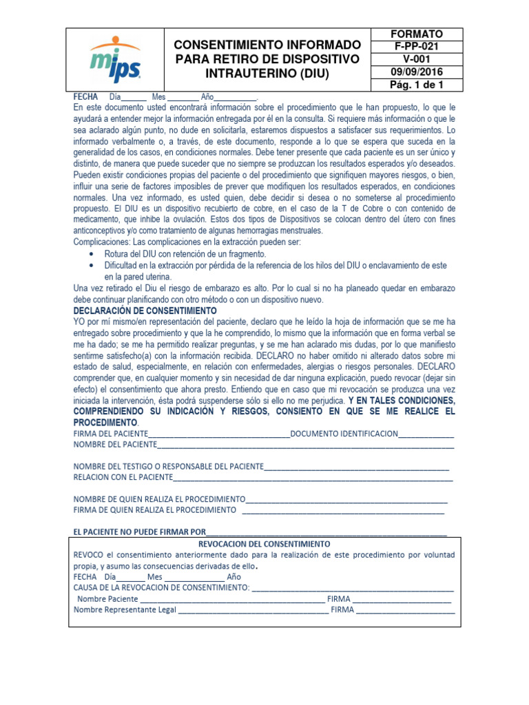 F-PP-021 V-001 Cons Informado Retiro Diu Mi Ips | PDF | El embarazo | Medicina CLINICA