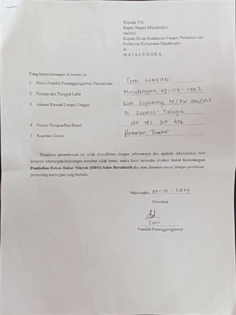005 Rekomendasi Izin Pembelian BBM Solar Untuk Alat Pertanian | PDF