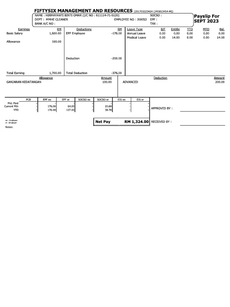 Payslip Hirmayanti September 2023 | PDF