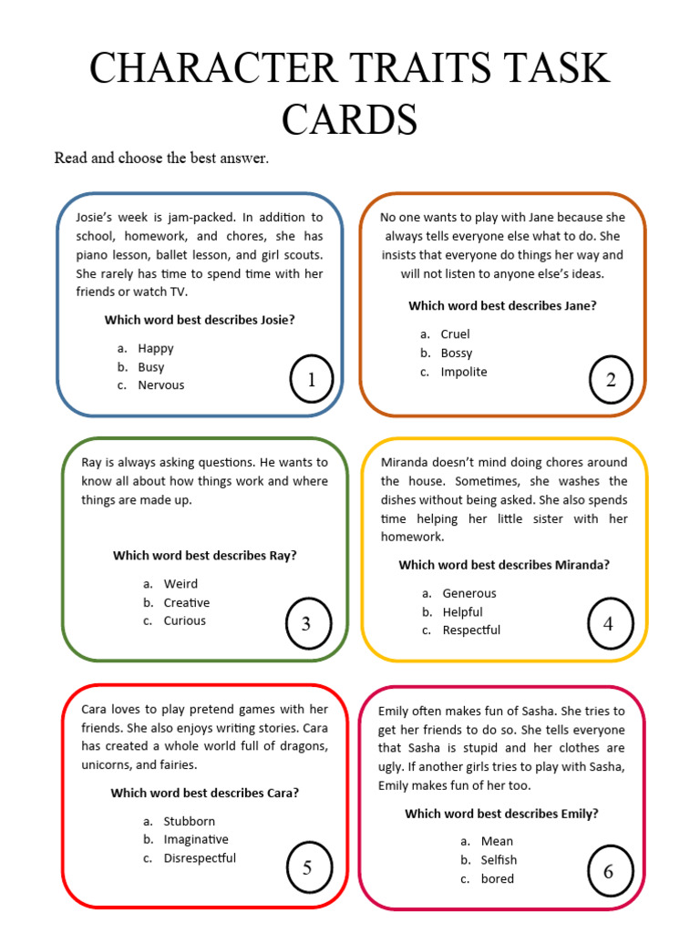 Character Traits Task Cards | PDF