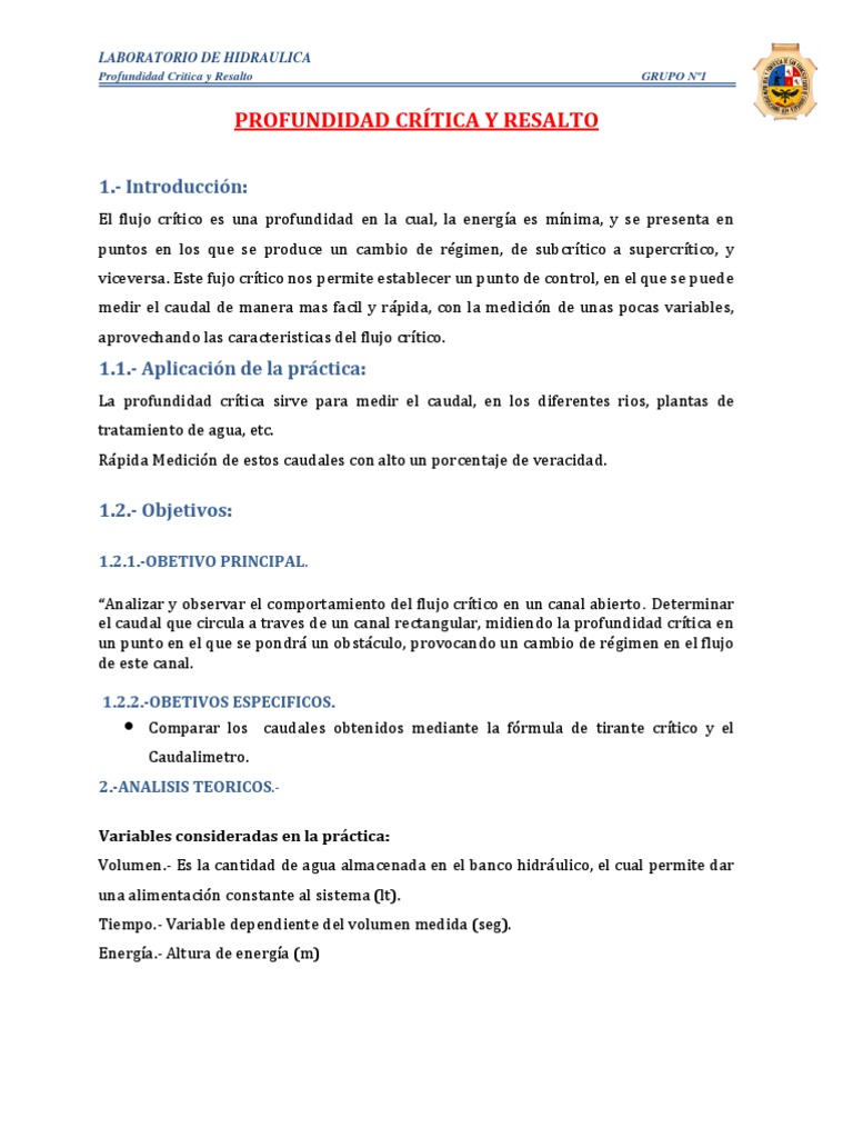 Flujo Crítico en Canales Abiertos | PDF | Descarga (hidrología) | Medición