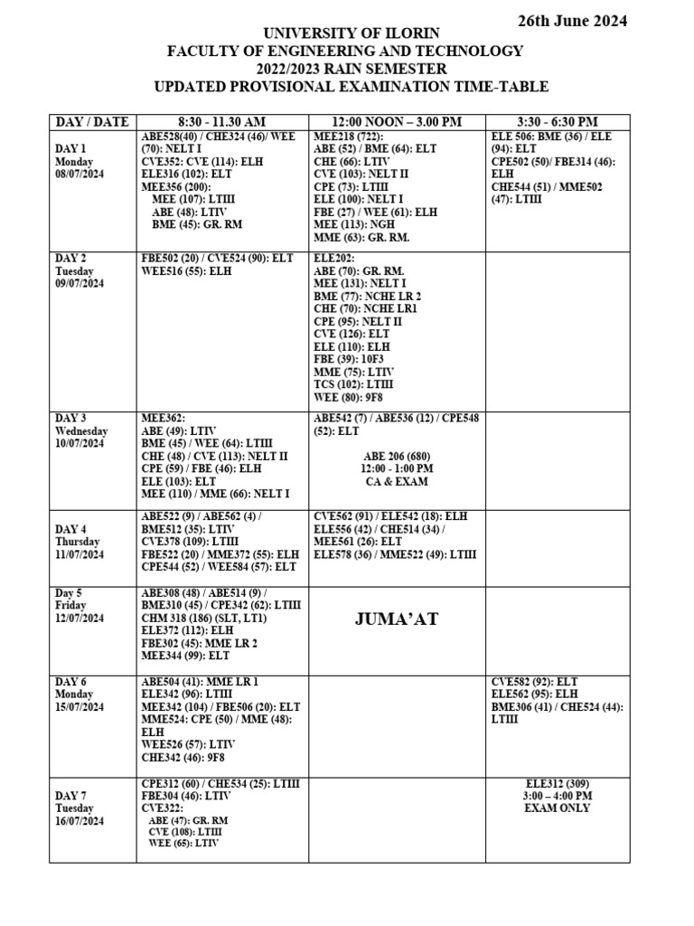 Fet Updated Provisional Rain Semester Examination Timetable 2022-23 | PDF