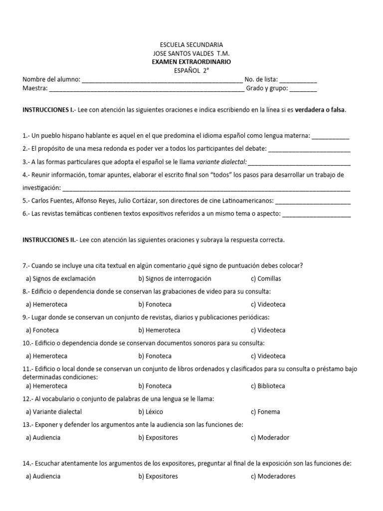 Examen Extraordinario Español Segundo Grado | PDF | Léxico | Puntuación