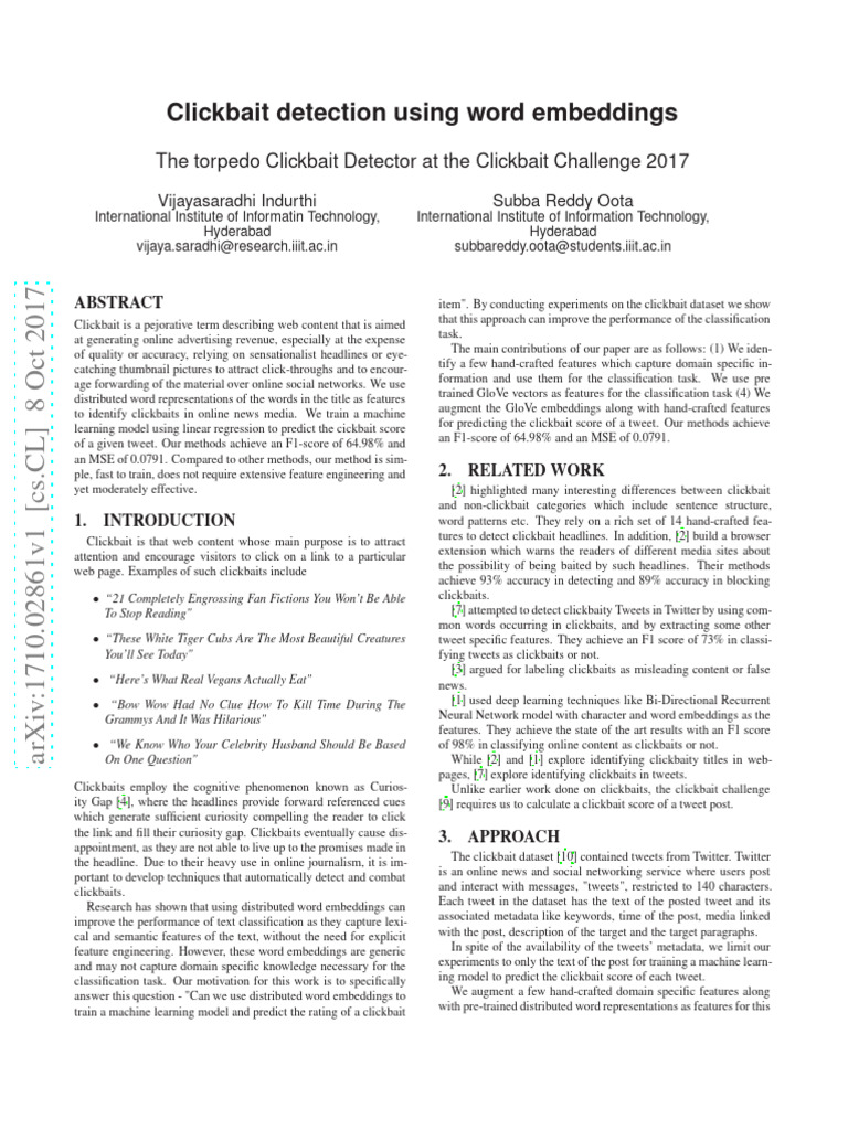 Clickbait Detection Using Word Embeddings Download Free Pdf Machine