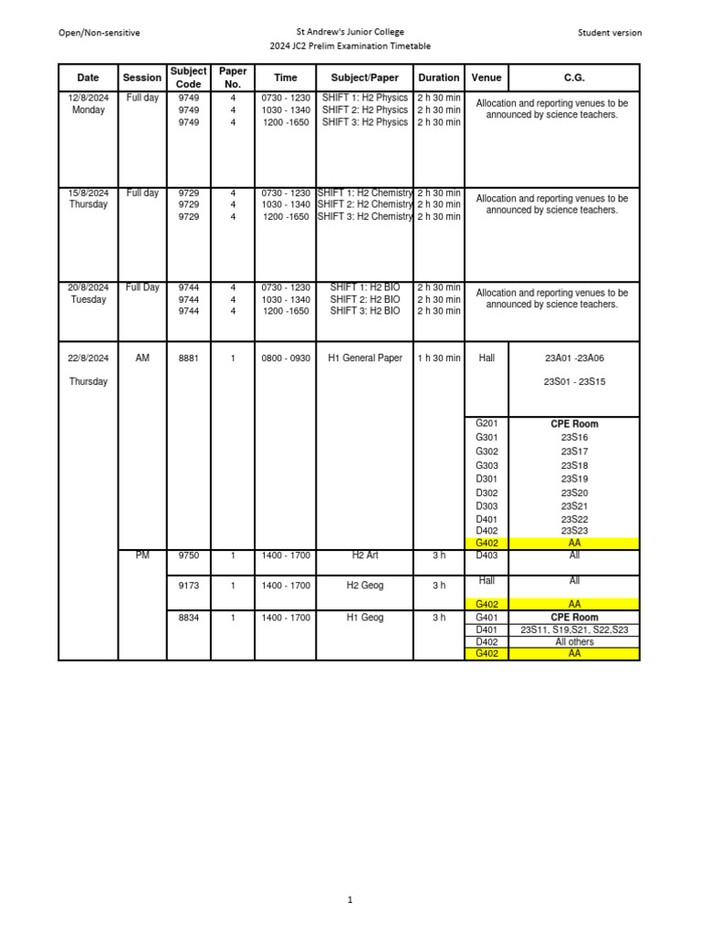 2024 JC2 Prelim Exam Timetable (Student Version) | PDF | Student ...