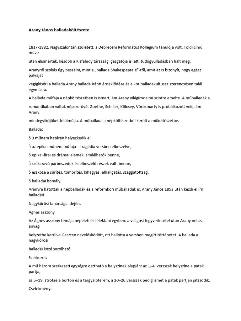 Arany JÃ¡nos balladakÃ¶ltÃ©szete | PDF