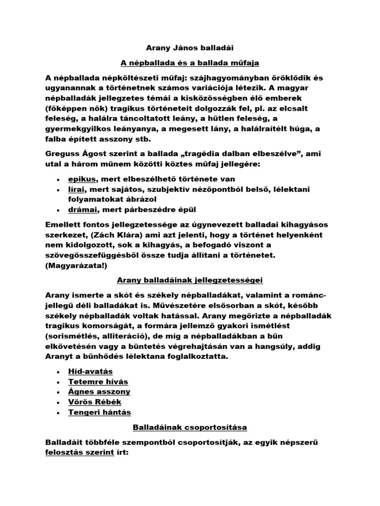Arany JÃ¡nos Balladã¡i | PDF