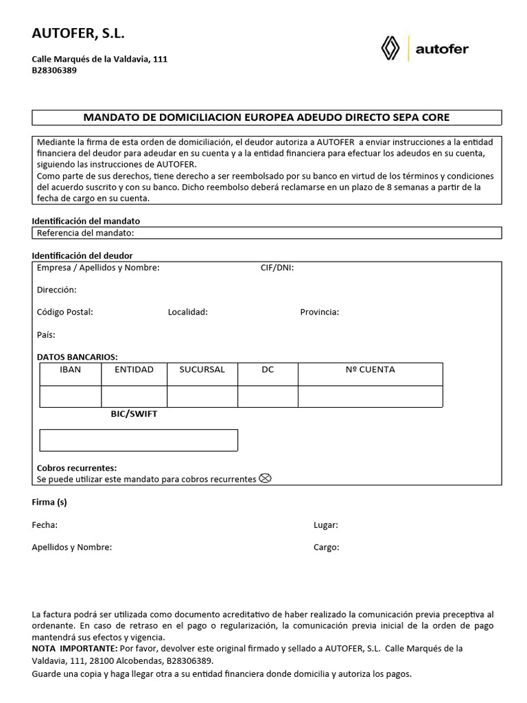 Mandato Sepa AUTOFER | PDF | Finanzas y dinero