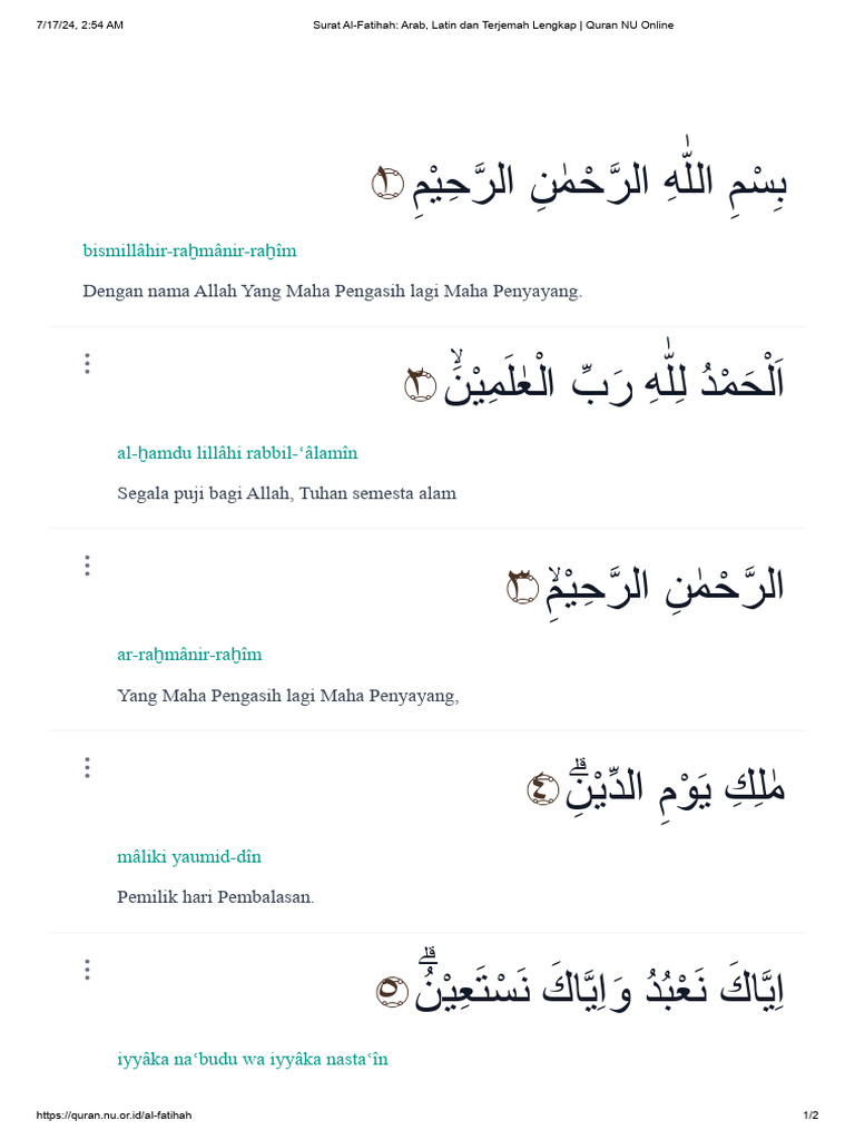 Surat Al-Fatihah - Arab, Latin Dan Terjemah Lengkap - Quran NU Online | PDF
