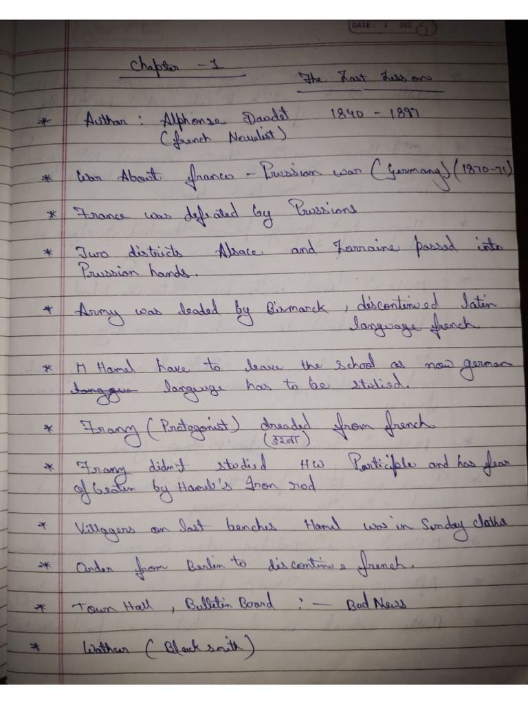 The Last Lesson Handwritten Notes | PDF