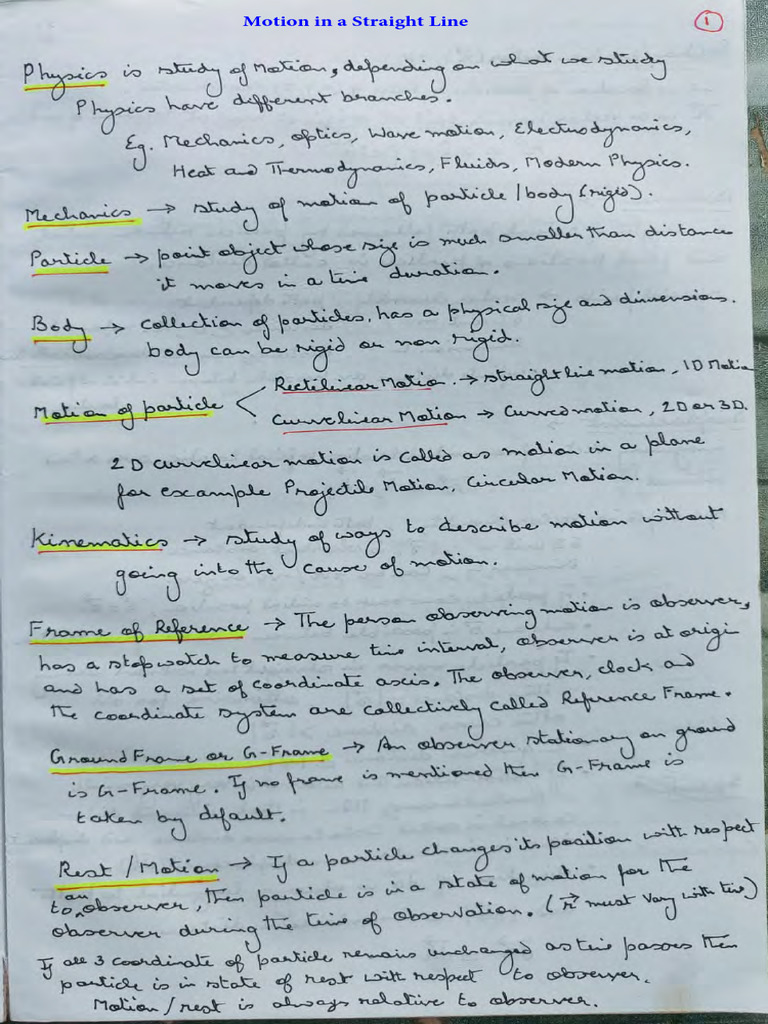 Motion in A Straight Line - Handwritten Note Class 11 | PDF