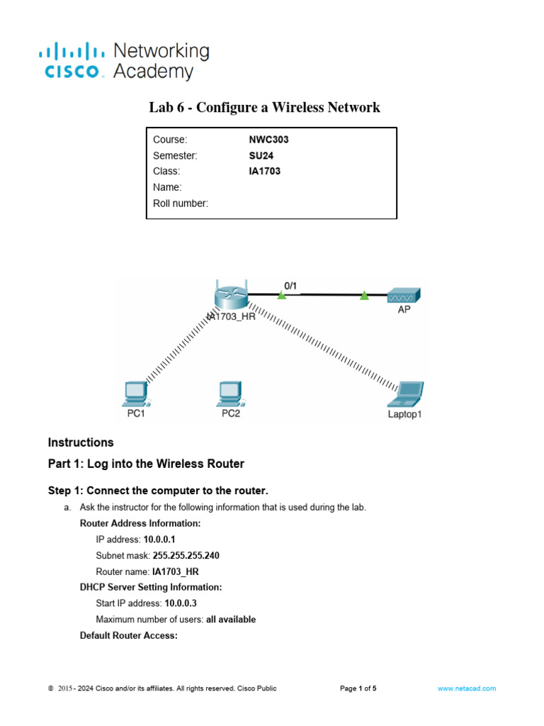 Lab 6 - Configure A Wireless Network | PDF | Router (Computing) | Ip Address