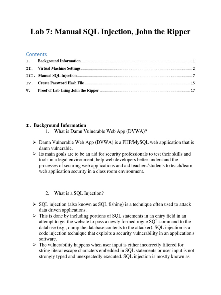 Lab 7 Manual SQL Injection, John the Ripper | PDF | Secure ... Lab 7 Manual SQL Injection, John the Ripper | PDF | Secure ...