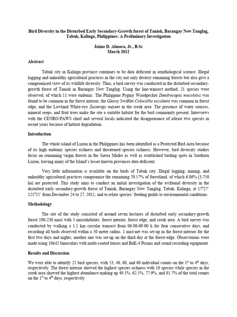 Bird Diversity in The Disturbed Early Secondary-Growth Forest of Taniok ...