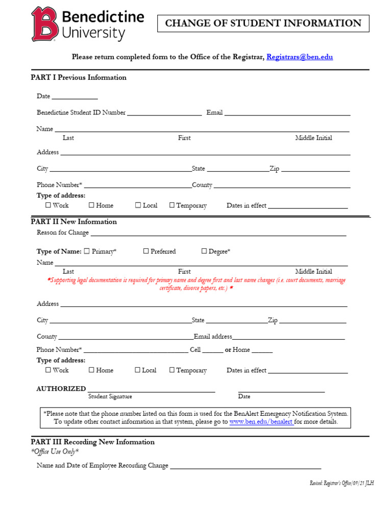 Change of Student Information Updated 01 2022 JLH | PDF