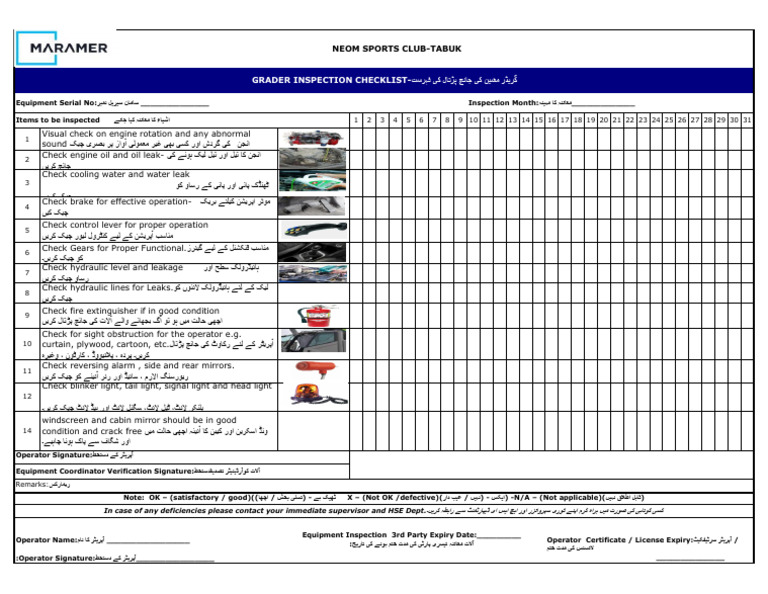 Grader Daily Inspection Checklist-Urdu | PDF