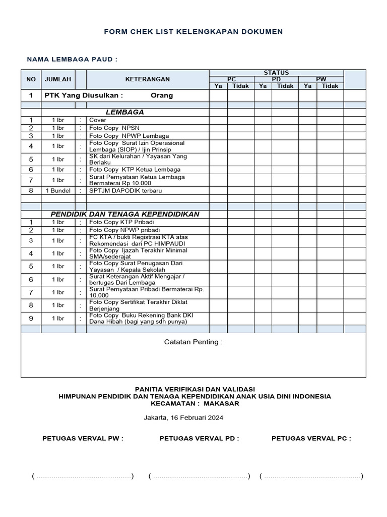 2. FORM CEKLIST LEMBAGA PAUD BOUGENVILLE | PDF