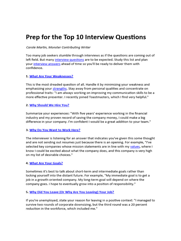 Prep for the Top 10 Interview Questions | PDF | Goal | Experience