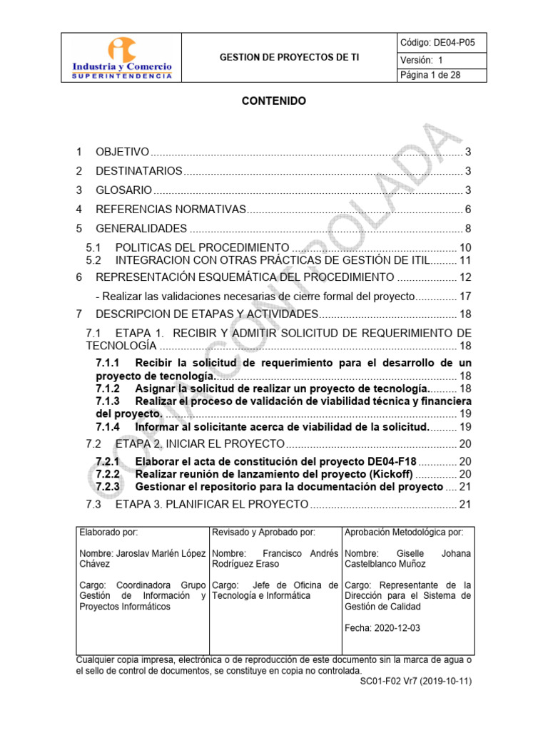De04-P05 Procedimiento Gestion de Proyectos de Ti - Copia - Controlada ...