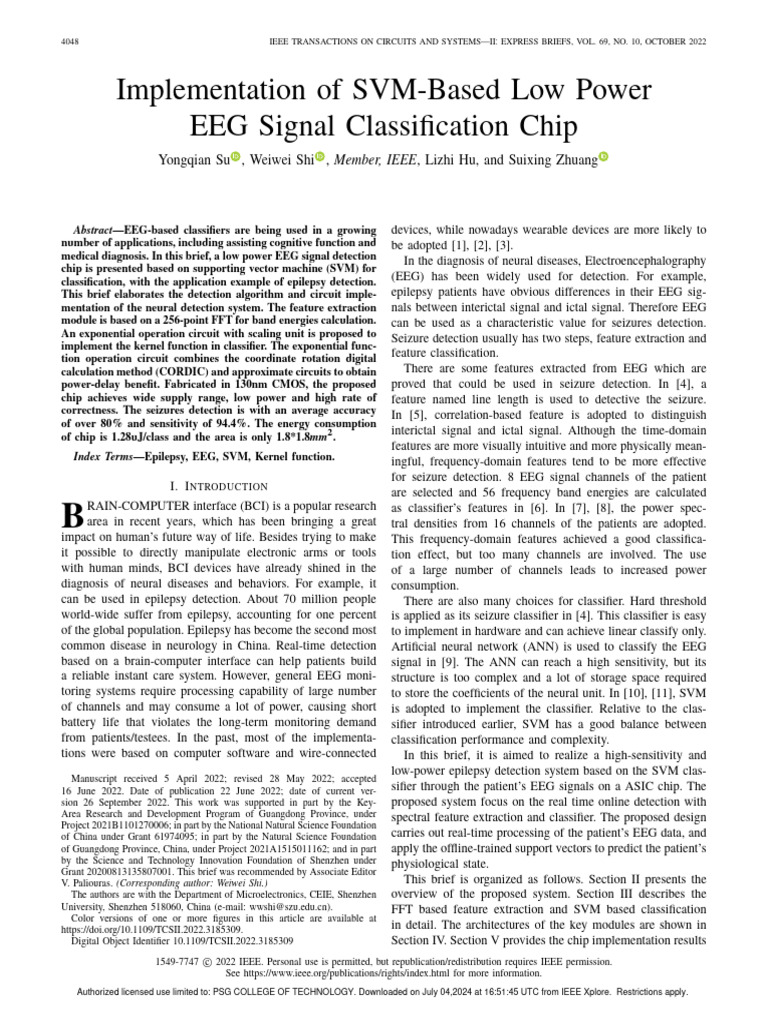 Implementation of SVM-Based Low Power EEG Signal Classification Chip | PDF | Support Vector ...