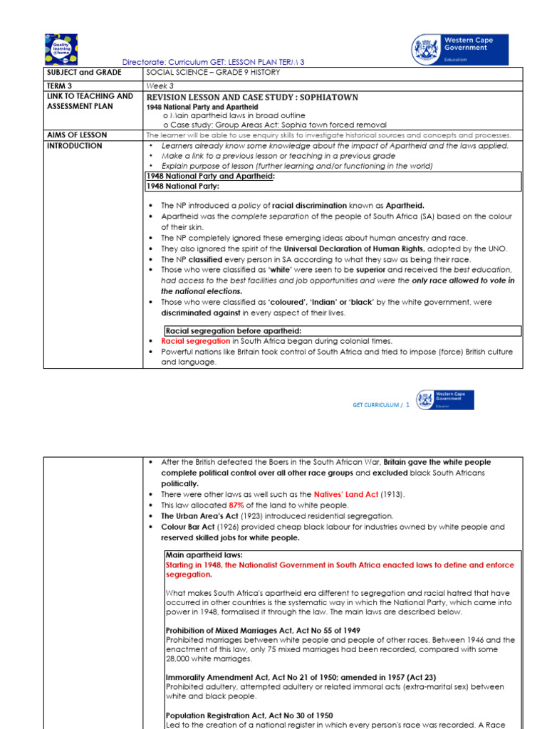 Lesson Plan GR 9 SS History T3 W3 | PDF | Apartheid | Racial Segregation