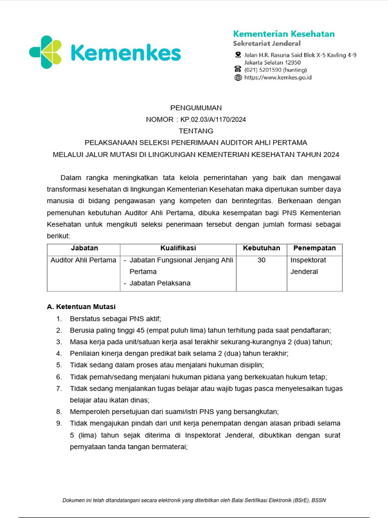 Pelaksanaan Seleksi Penerimaan Auditor Ahli Pertama Jalur Mutasi 2024 | PDF