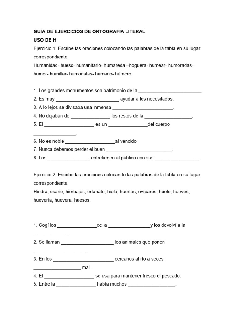 Letra H-Ejercicio Ortografía | PDF