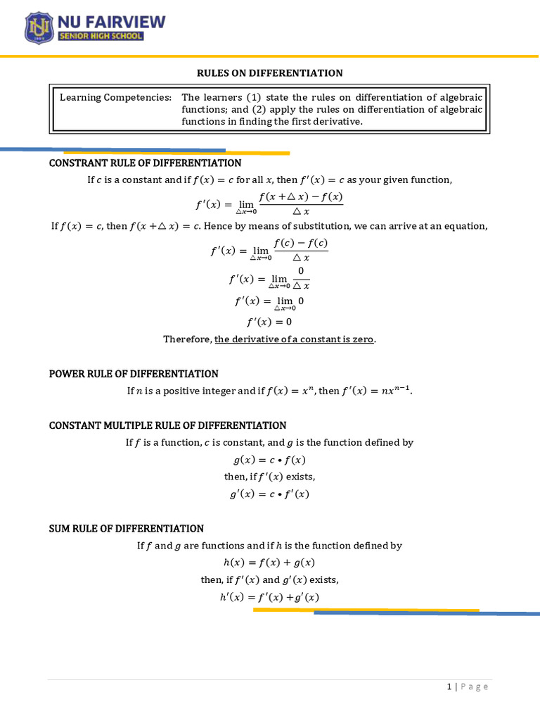 Week 8 Basic Calculus Workbook Pdf Derivative Function