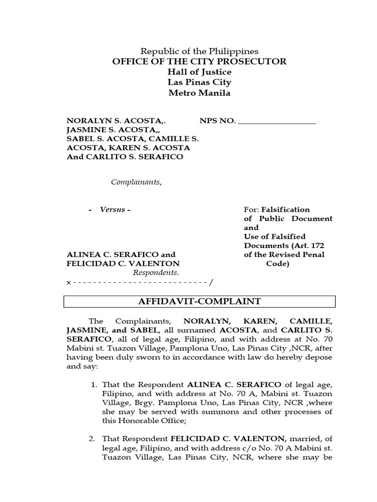 Affidavit Complaint Falsification Art 172 | PDF | Affidavit | Common Law