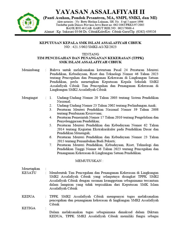 SK Tim Pencegahan Dan Penanganan Kekerasan Di Lingkungan Satuan Pendidikan | PDF