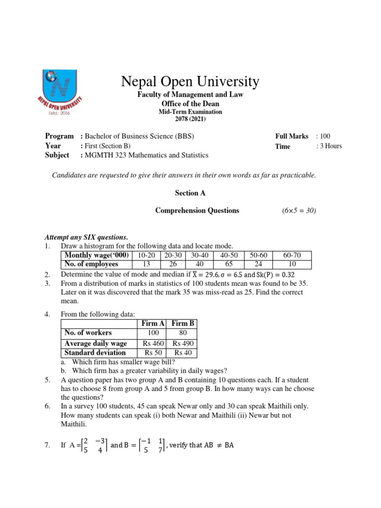 Mid Tern Maths and Stat 2078 | PDF | Mode (Statistics)