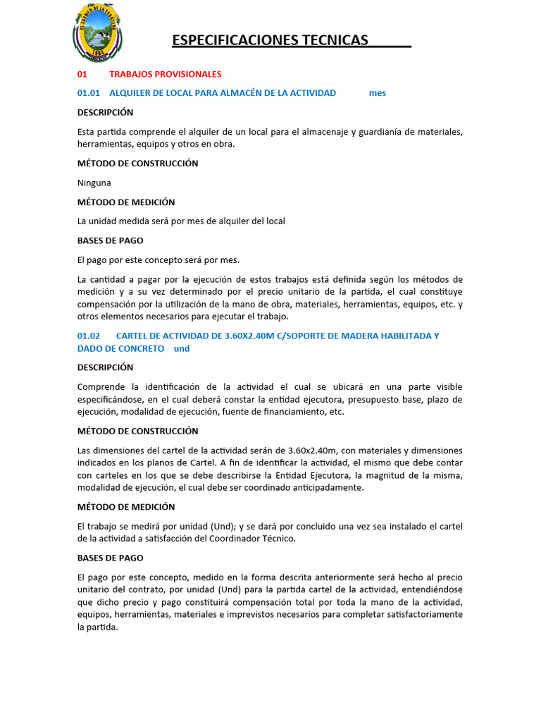 Especificaciones Técnicas de Obras Civiles | PDF | Presupuesto | Medición