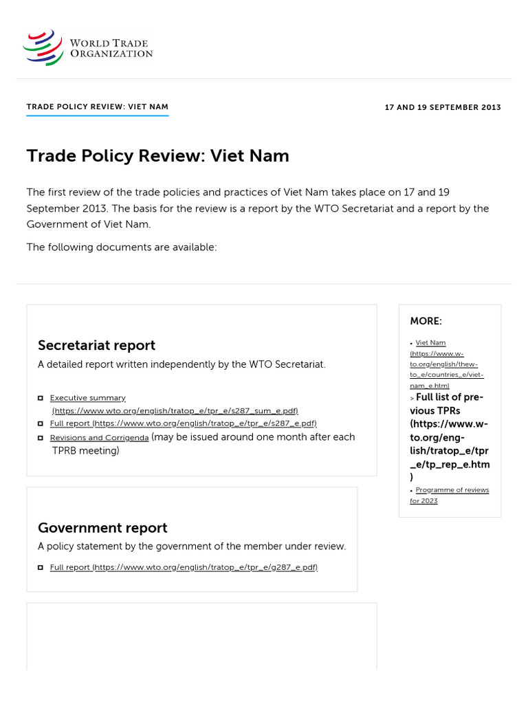 WTO Trade policy review - Viet Nam 2013 | PDF | World Trade Organization